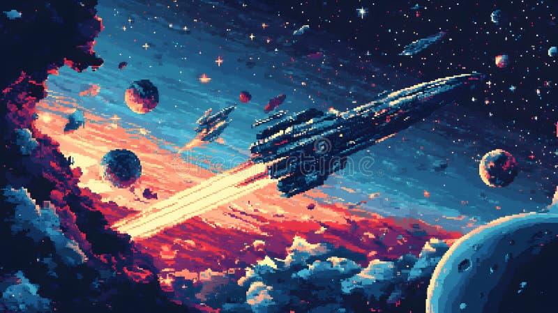 Pixelated Art of Spaceship Traveling through Pixelated Galaxy with ...