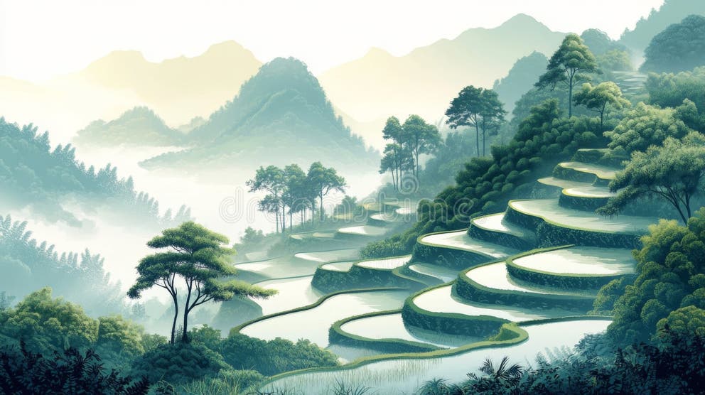 Pixelated Asian Rice Terraces Landscape Stock Illustration ...