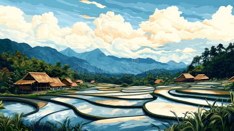 Pixelated Asian Rice Terraces Landscape Stock Illustration ...