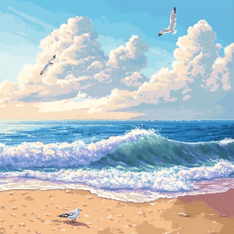 Pixelated Beach Scene with Seagulls and Waves Stock Illustration ...