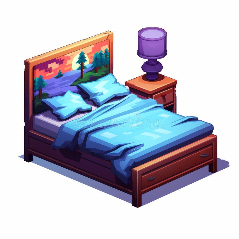Pixelated Bed with Lamp and Bedside Table: Realistic Landscapes and ...