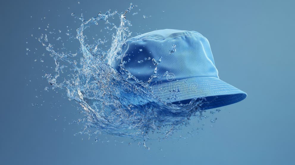 Pixelated Blue Bucket Hat with Water Splash Effect on a Soft Blue ...