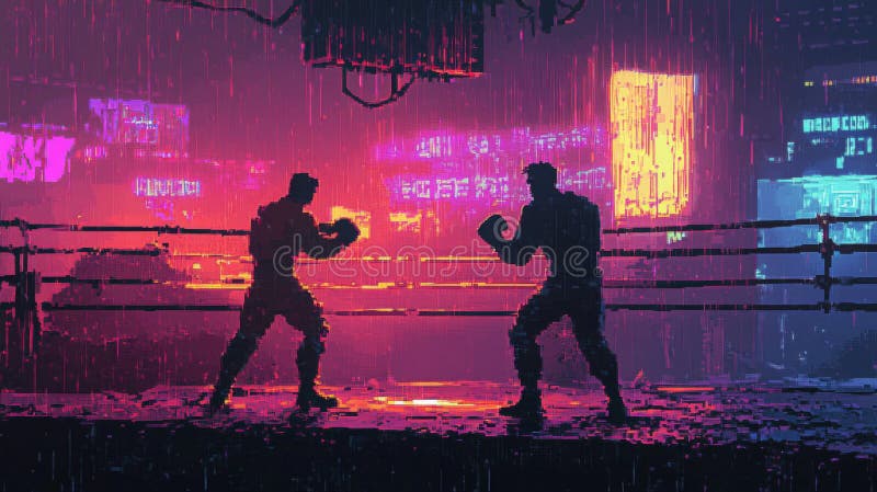 Pixelated Boxing Match Under Neon Lights in Rainy Urban Setting at ...