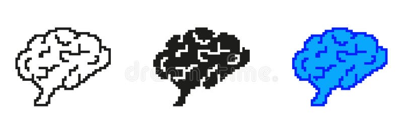 Pixelated Brain Icon Set. Digital Symbol of Human Mind in Pixel Art Style. Cognitive and Neural ...