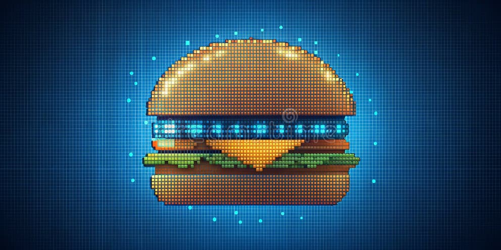 Pixelated Burger on Blue Grid, 3D Rendering, Food, Digital Art ...