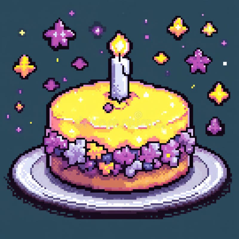 Pixelated Cake with Candle and Starry Background in 8bit Retro Style ...