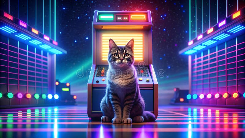 A Pixelated Cat Immersed in the Glow of a Retro Arcade AI Generated ...