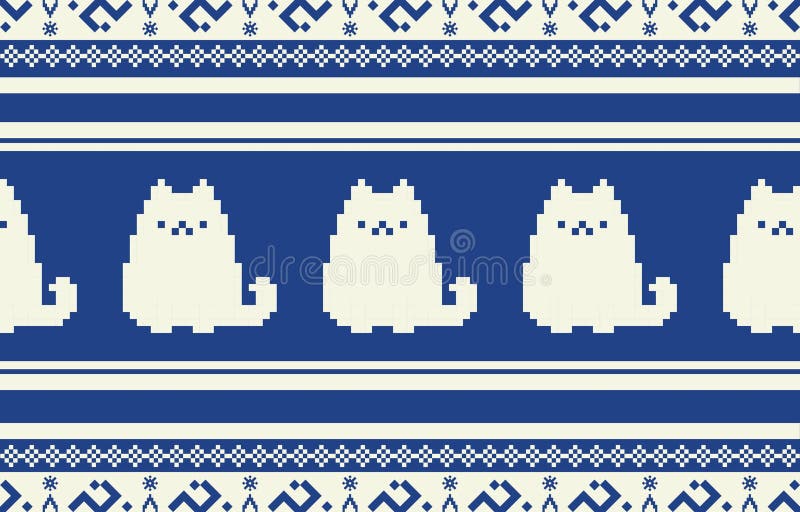 Pixelated Cats Knit Seamless Pattern Blue White Winter Design Stock Illustration - Illustration ...