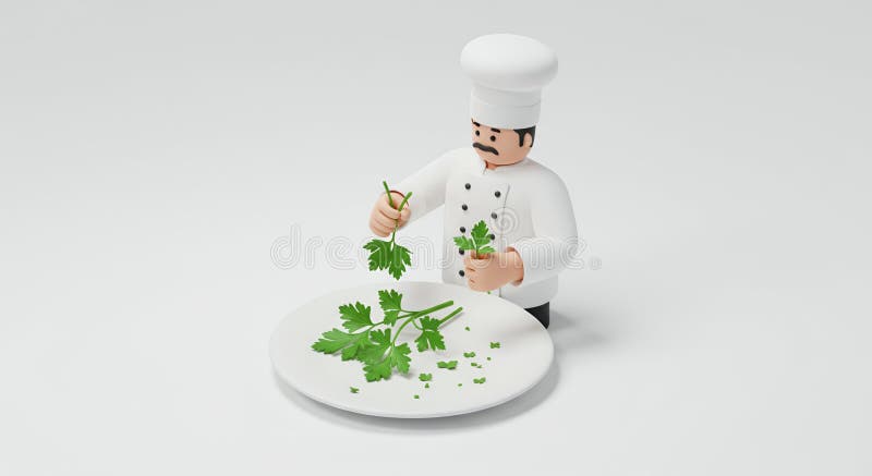 Pixelated Chef Arranging Parsley on a White Plate Isometric 3D Render ...