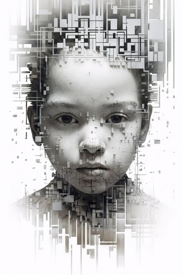 Pixelated Child Portrait in White and Grey Tones - Generative AI, AI ...