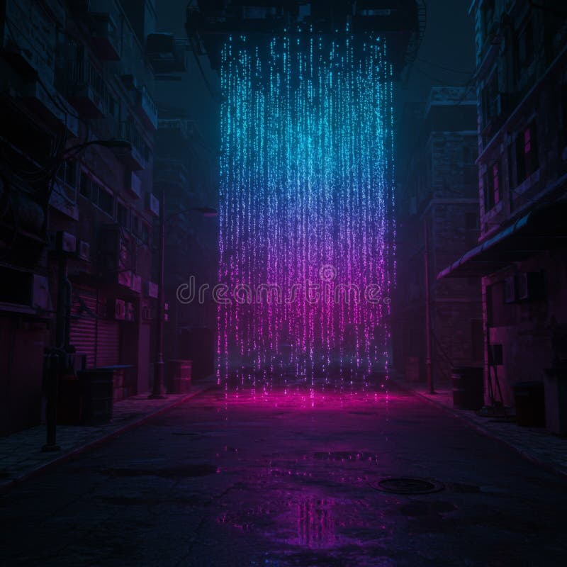 Pixelated City Night Scene with Neon Rain Stock Illustration ...