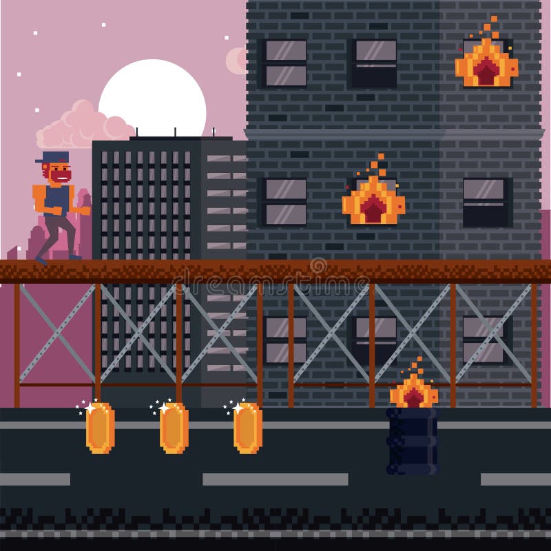 Pixelated City Videogame Scenery Stock Vector - Illustration of night ...