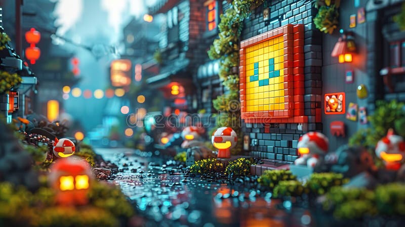 Pixelated Cityscape with Glowing Lanterns Stock Illustration ...