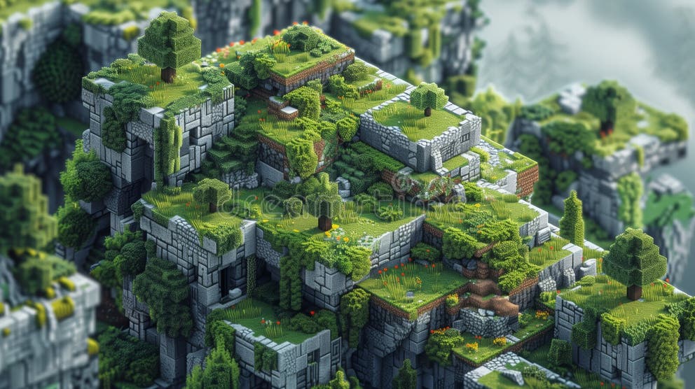 Pixelated Cliffs with Lush Flora in a Virtual Landscape. Minecraft ...