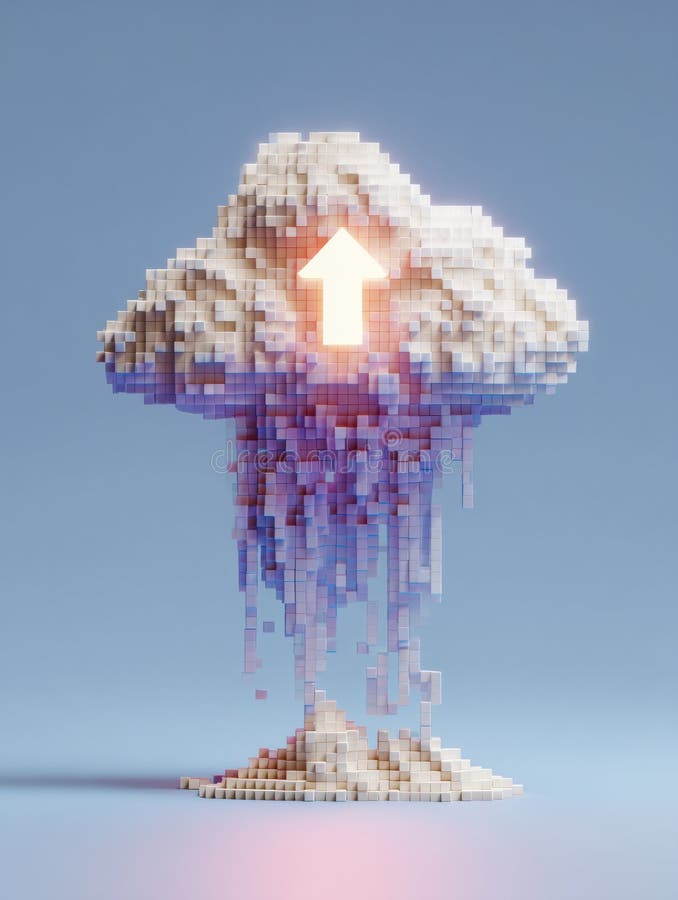 Pixelated Cloud Illustration with Broken Upload Icon and Soft Upper Part for Digital Design ...