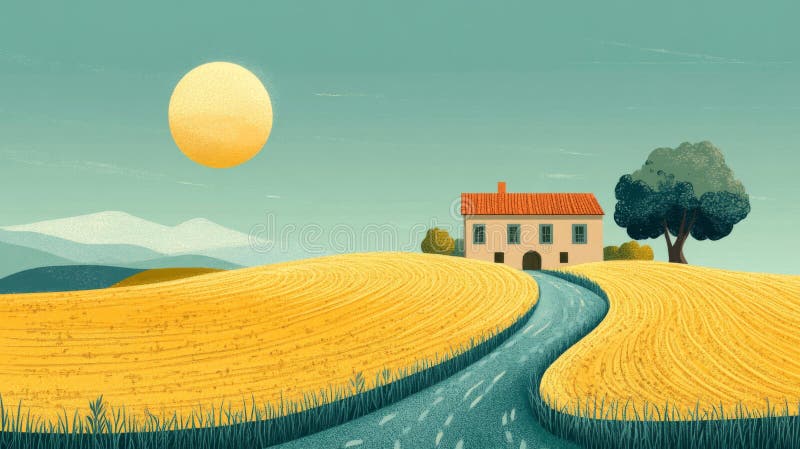 Pixelated Countryside Landscape with House and Golden Fields Stock ...