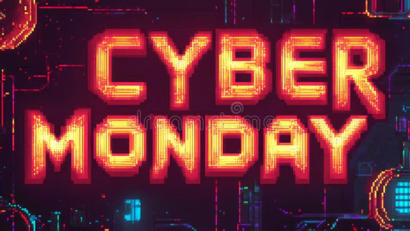 Pixelated Cyber Monday Sign with Glowing Red and Yellow Lights Stock ...