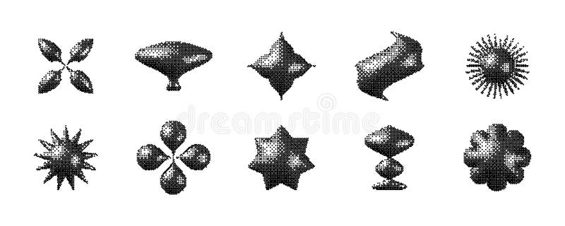 Pixelated 3d Y2K Shape Set. Bitmap Stars, Flowers, Sparkles, Waves Element Collection Stock ...