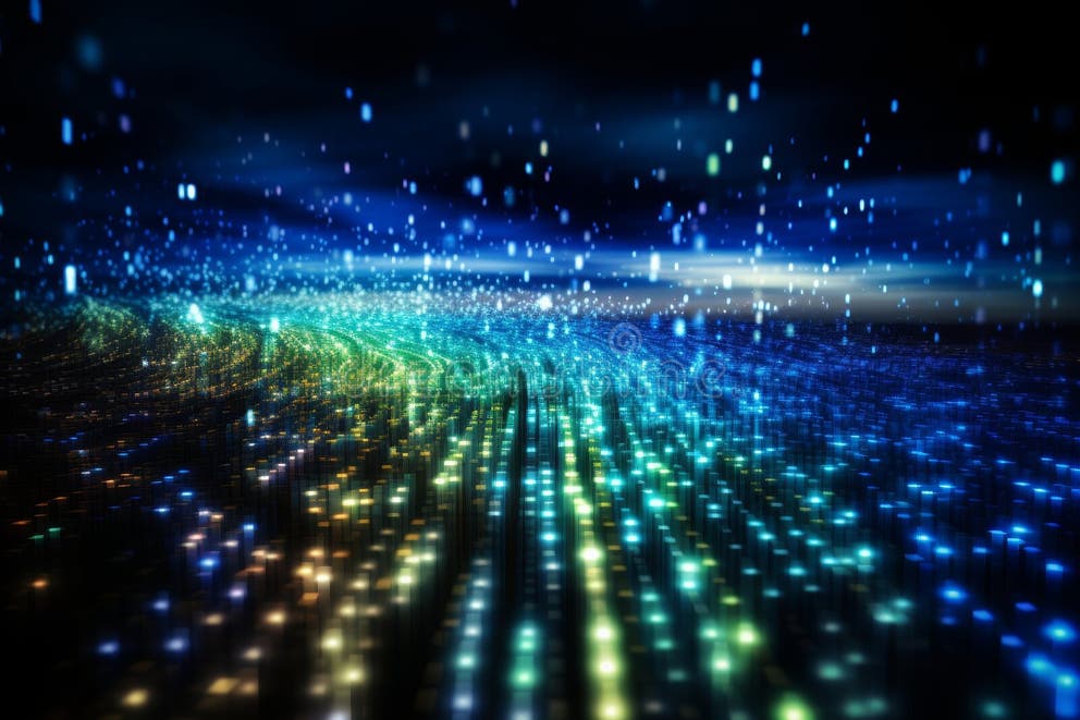 Pixelated Data Stream, Binary Code, and Encryption Concept on Digital Interface with Glowing ...