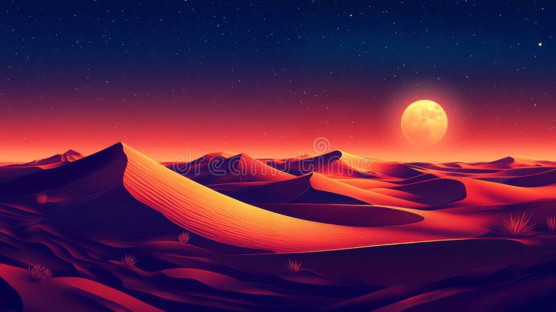 Pixelated Desert Landscape at Night with Red Sunset and Big Moon Stock ...