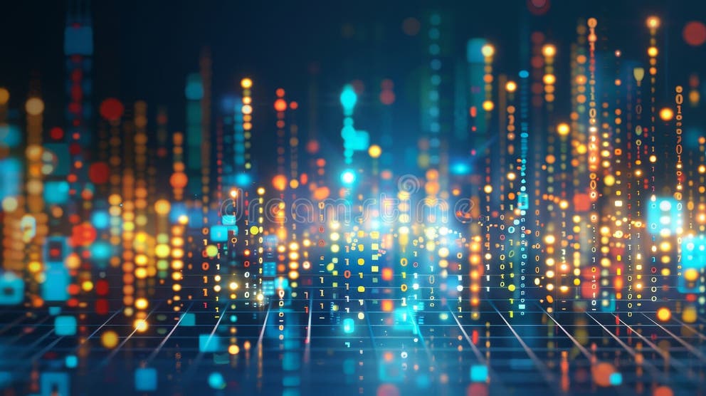 Pixelated Digital Data Stream with Binary Code and Encryption Concept, Glowing Red and Blue Dots ...