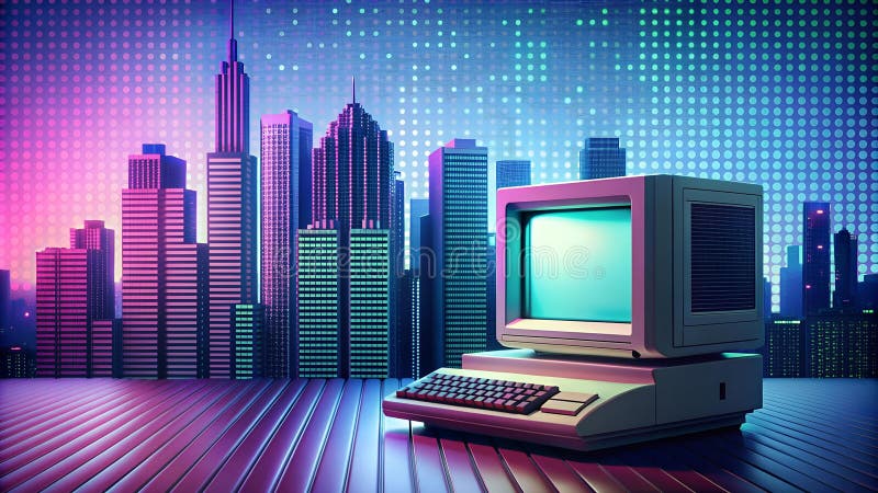 Pixelated Dreams: a Retro Halftone Computer in a Futuristic Cityscape ...