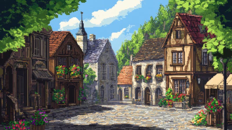 Pixelated European Town Scene Stock Illustration - Illustration of cozy ...