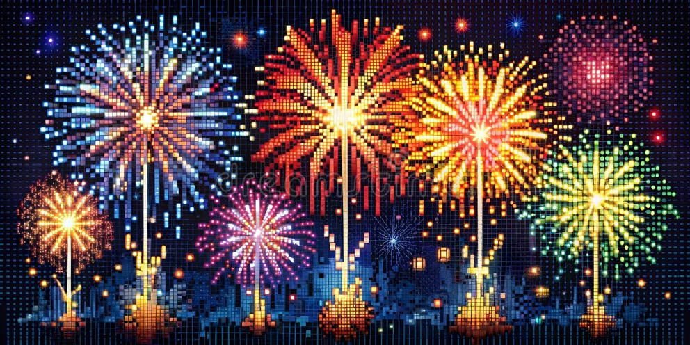 Pixelated Fireworks Display with Retro 8-bit Style Stock Illustration ...