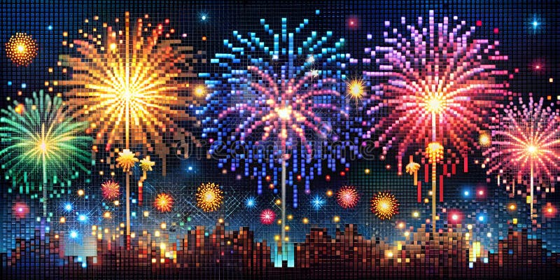 Pixelated Fireworks Display with Retro 8-bit Style Stock Illustration ...