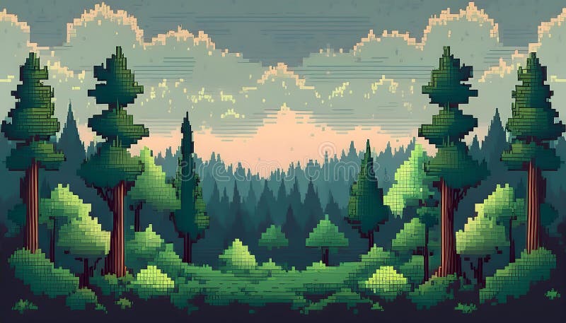 A Pixelated Forest Landscape at Dusk Featuring Muted Green Trees and ...