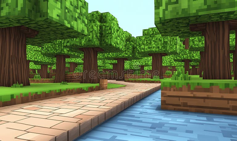 Pixelated Forest Path by a Stream, Ideal for Game Backgrounds Stock ...