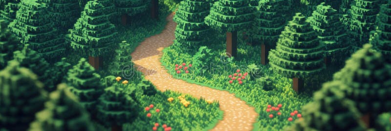 Pixelated Forest Scene with Curved Path and Lush Greenery Concept Stock ...