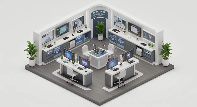 Pixelated Futuristic Bank Control Room Isometric View with Multiple ...