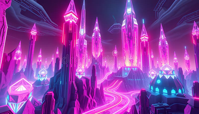Pixelated Futuristic Cityscape with Neon Pink and Blue Crystalline ...