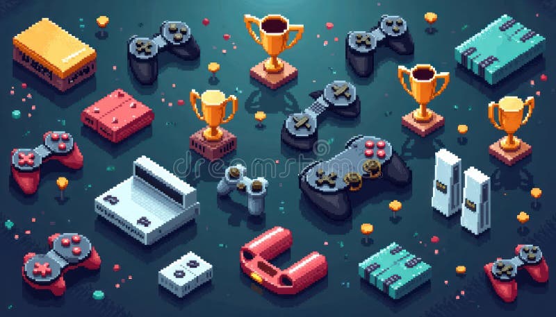 Pixelated Gaming Consoles Controllers Trophies, Objects Displayed in ...