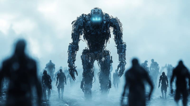 Pixelated Giant Robot Menacing Shadowy Figures Stock Illustration ...