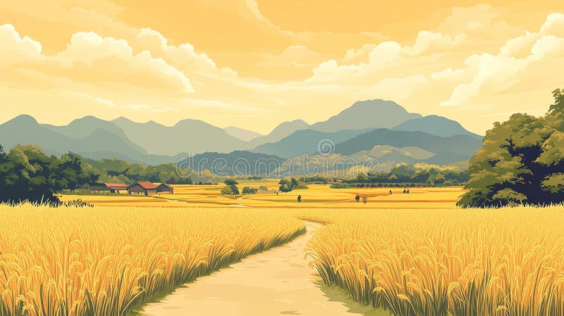 Pixelated Golden Wheat Field Path To Village Sunset Stock Illustration ...