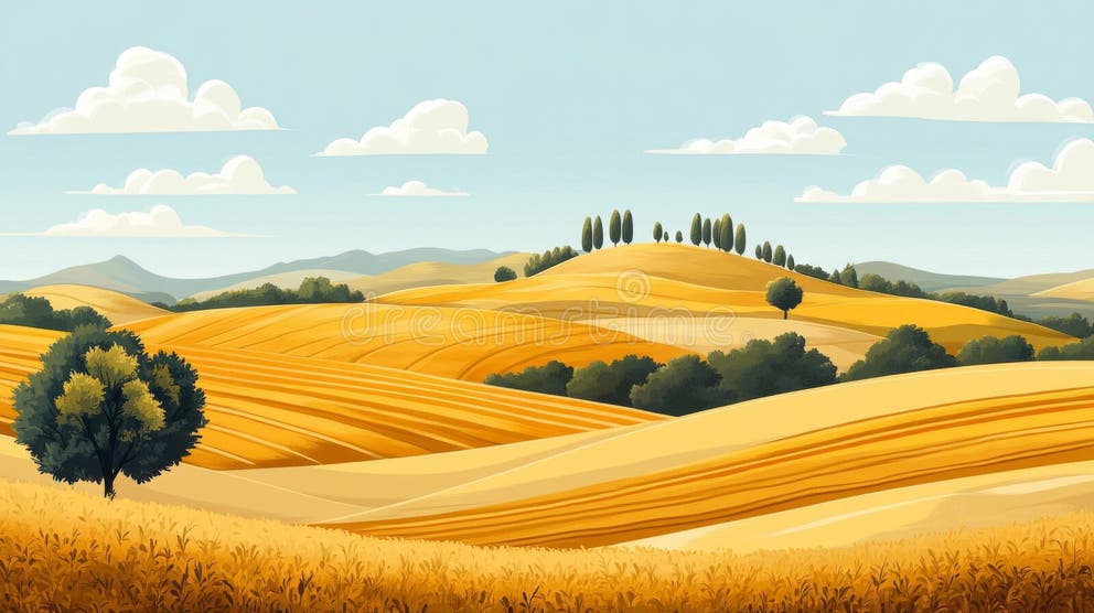 Pixelated Golden Wheat Fields and Hillscape Stock Illustration ...
