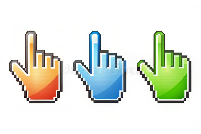 Pixelated Hand Cursor Icon Set in Vibrant Colors Including Orange, Blue ...