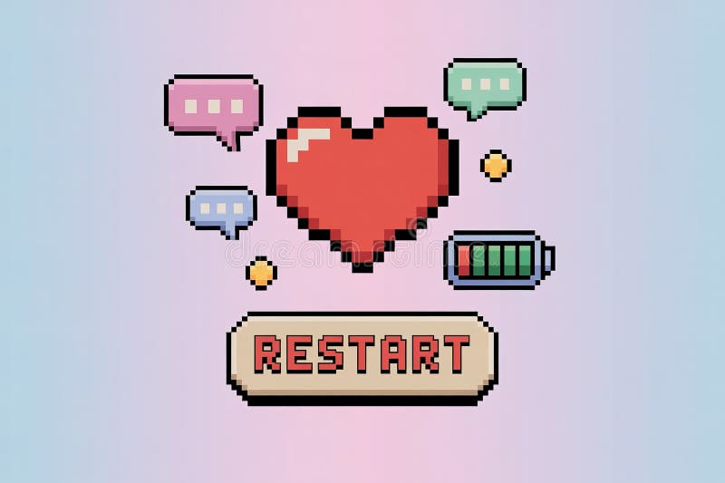 Pixelated Heart, Chat Bubbles, Coin, Battery, and Restart Button Float ...