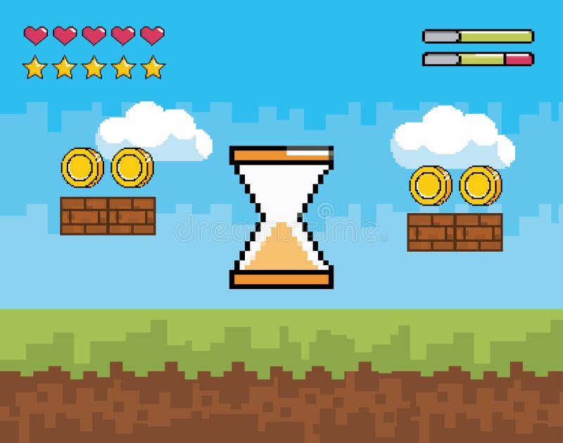 Pixelated Hourglass Cursor with Coins and Life Hearts Bars Stock Vector ...