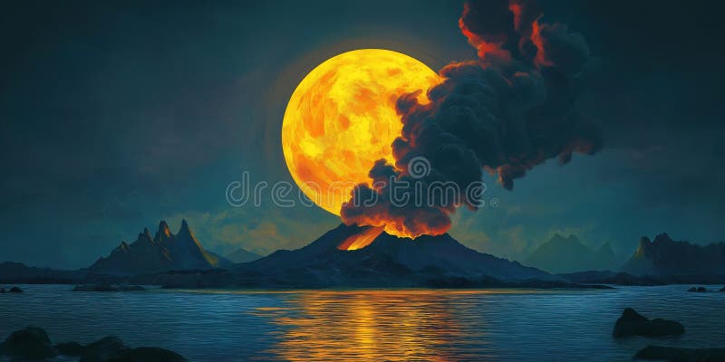 Pixelated Image of a Large Orange Moon in the Sky Over a Body of Water ...