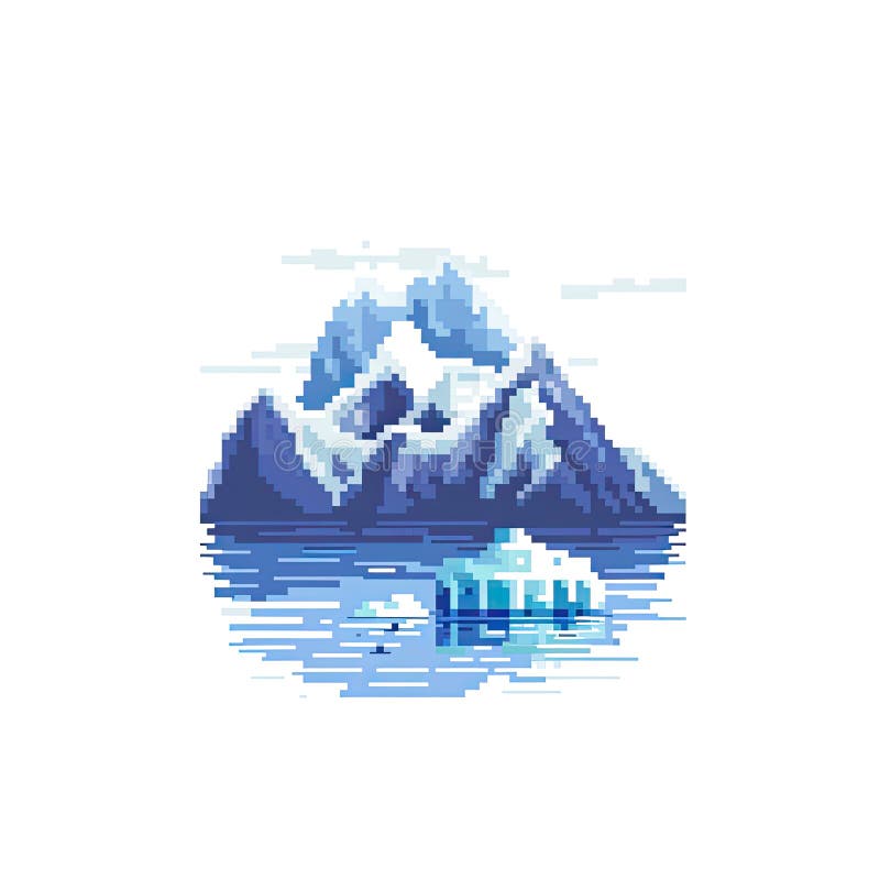 Pixel Art Mountain Landscape with Iceberg Reflection Stock Illustration ...