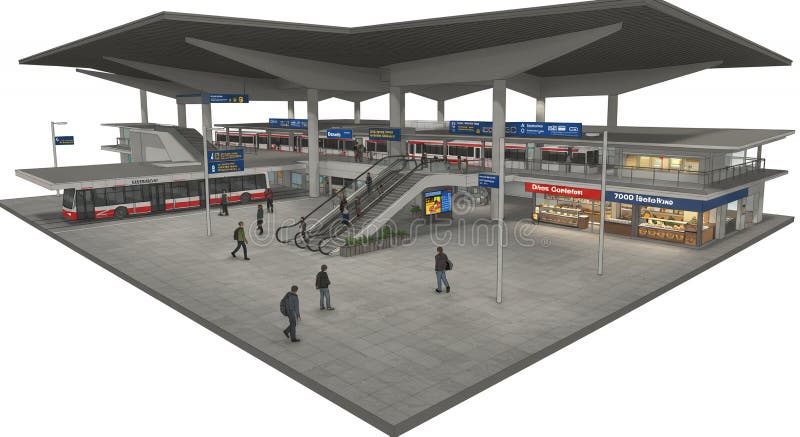 Pixelated Intermodal Transport Hub with Red Buses and Grey Architecture ...