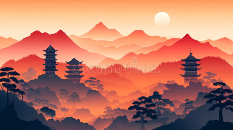 Pixelated Japanese Landscape Sunset View with Pagodas Stock ...