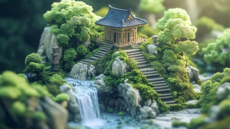 Pixelated Japanese Temple Garden with Waterfall Stock Illustration ...