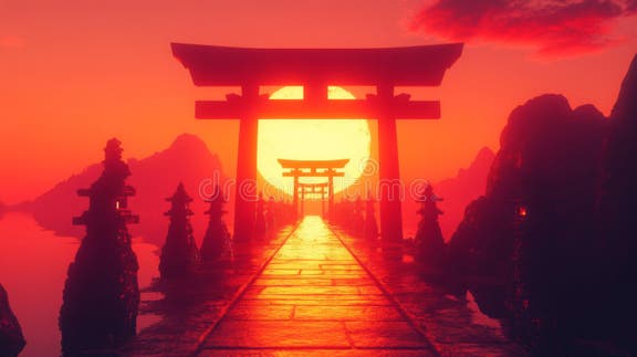 Pixelated Japanese Torii Gate at Sunset Stock Illustration ...
