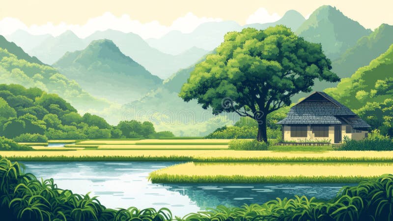 Pixelated Landscape with Rural House Stock Illustration - Illustration ...