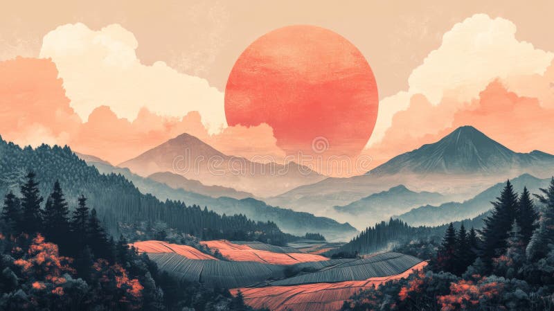 Pixelated Landscape Sunset Over Mountains Stock Illustration ...