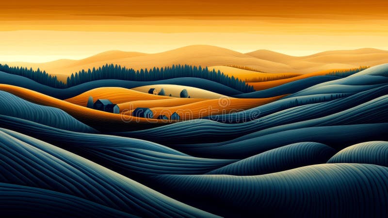 Pixelated Landscape Sunset View with Villages Stock Illustration ...